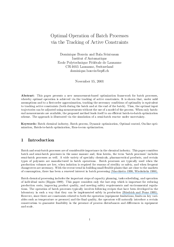 Pdf Optimal Operation Of Batch Processes Via The Tracking Of Active Constraints