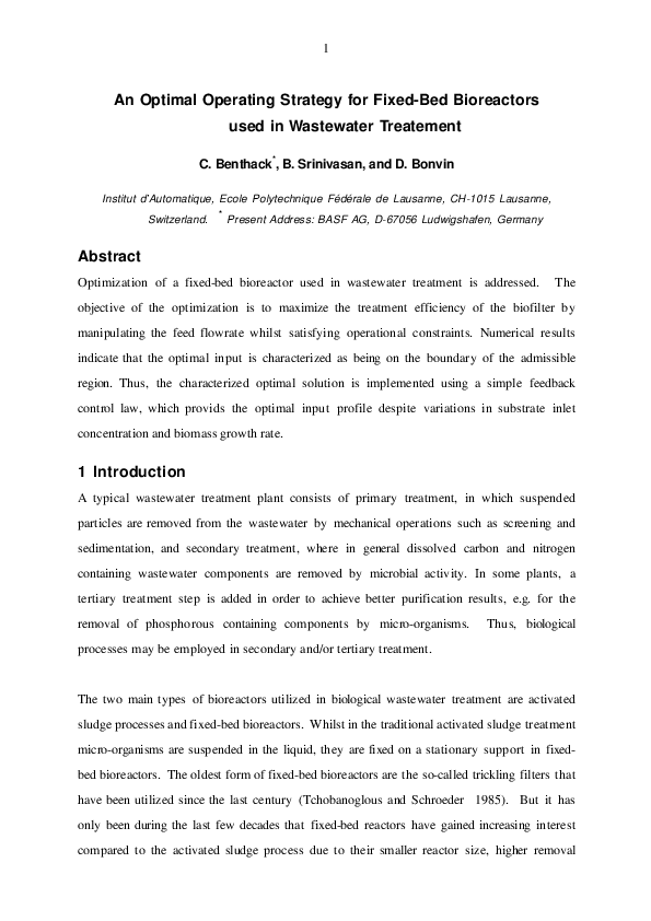 (PDF) An optimal operating strategy for fixed-bed bioreactors used in wastewater treatment