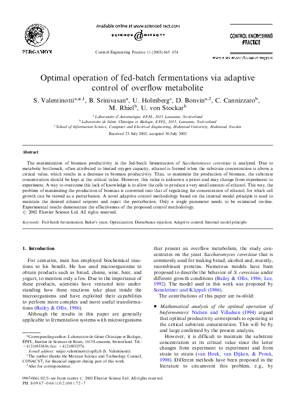 (PDF) Optimal operation of fed-batch fermentations via adaptive control of overflow metabolite