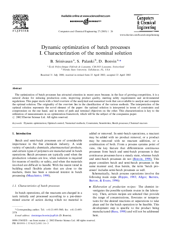Pdf Dynamic Optimization Of Batch Processes 