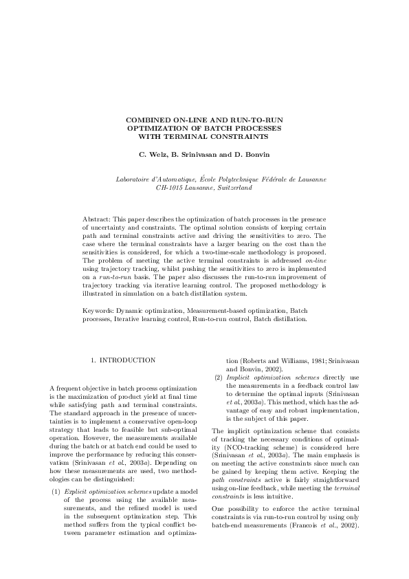 Pdf Combined On Line And Run To Run Optimization Of Batch Processes With Terminal Constraints