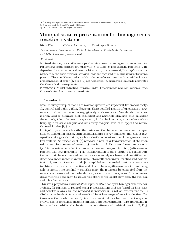 (PDF) Minimal state representation of homogeneous reaction systems