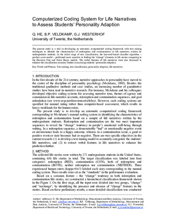 (PDF) Computerized Coding System for Life Narratives to Assess Students ...