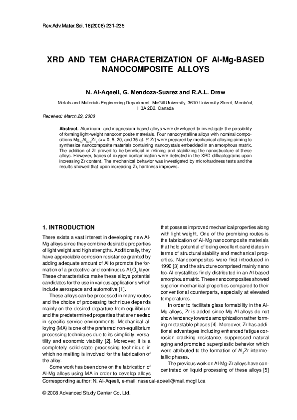 (PDF) 231 XRD and TEM characterization of Al-Mg-based nanocomposite alloys XRD AND TEM ...