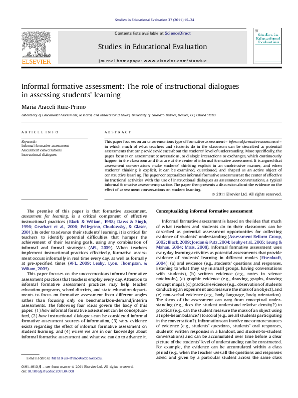 (PDF) Informal formative assessment: The role of instructional ...