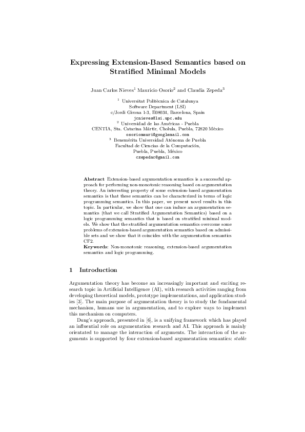 (PDF) Expressing Extension-Based Semantics Based on Stratified Minimal Models