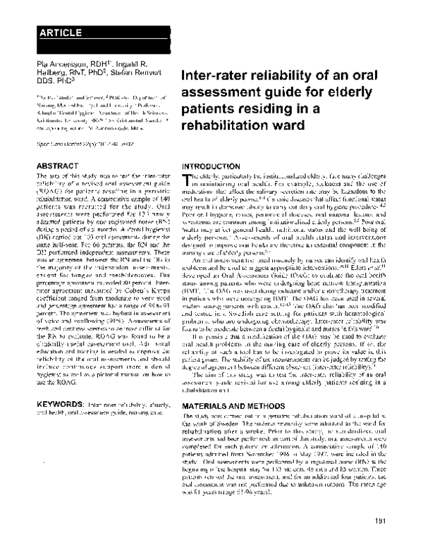 (PDF) Inter-rater reliability of an oral assessment guide for elderly ...