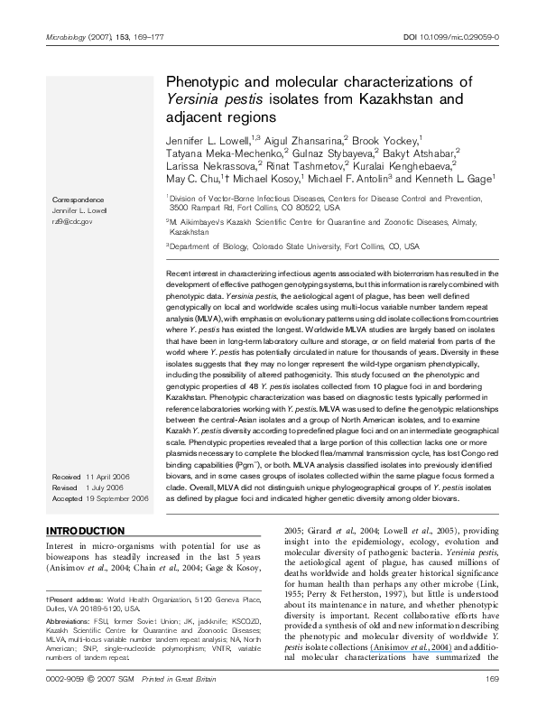 Phenotypic And Molecular Characterizations Of Yersinia Pestis Isolates From Kazakhstan And