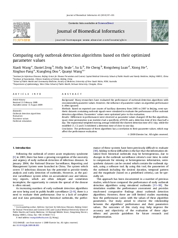 Pdf Comparing Early Outbreak Detection Algorithms Based On Their