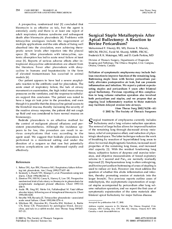 (PDF) Surgical staple metalloptysis after apical bullectomy: a reaction ...