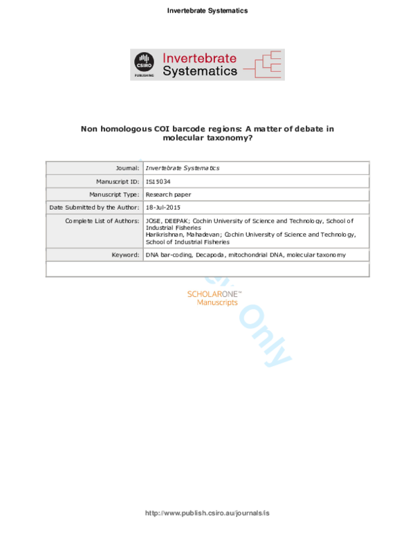 (PDF) Non homologous COI barcode regions: A matter of debate in ...