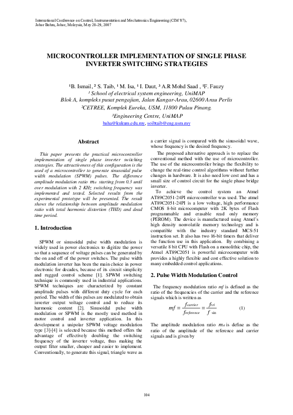 Pdf Microcontroller Implementation Of Single Phase Inverter Switching Strategies S Taib