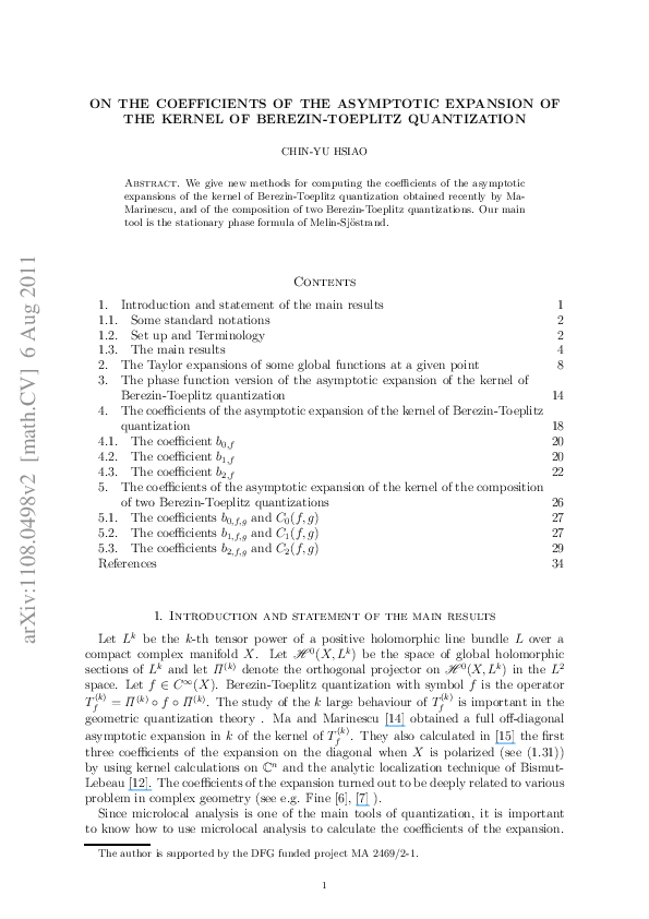 Pdf On The Coefficients Of The Asymptotic Expansion Of The Kernel Of Berezin Toeplitz Quantization
