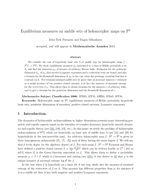 (PDF) Equilibrium Measures on Saddle Sets of Holomorphic Maps