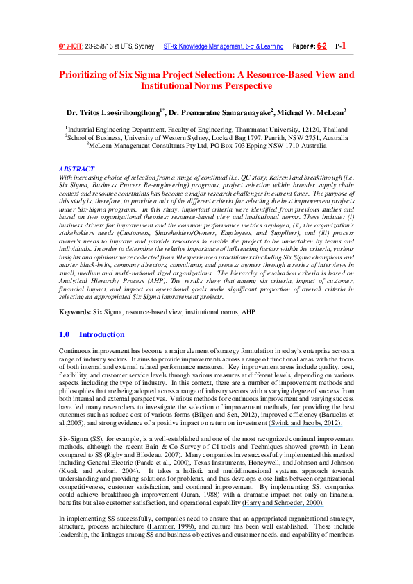 (PDF) Prioritizing of Six Sigma Project Selection: A Resource-Based ...