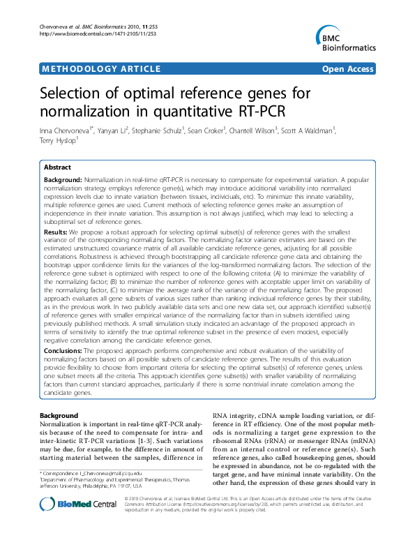 Pdf Selection Of Optimal Reference Genes For Normalization In Quantitative Rt Pcr