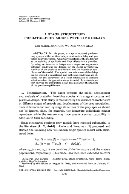 (PDF) A Stage Structured Predator-Prey Model with Time Delays
