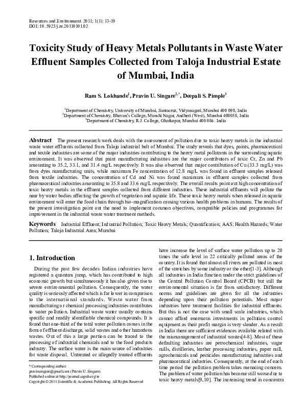 (PDF) Toxicity Study of Heavy Metals Pollutants in Waste Water Effluent ...