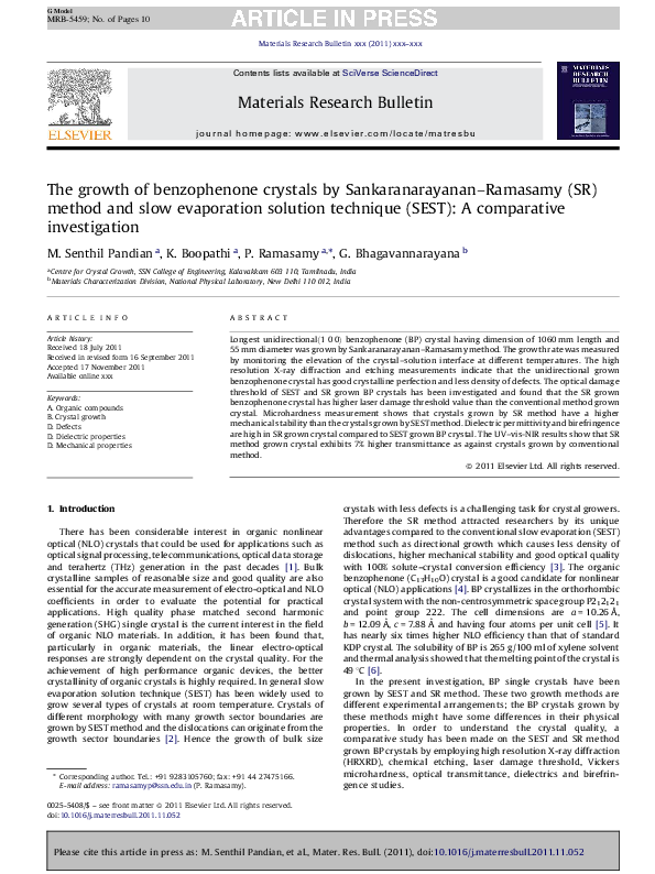 (PDF) The growth of benzophenone crystals by Sankaranarayanan–Ramasamy ...