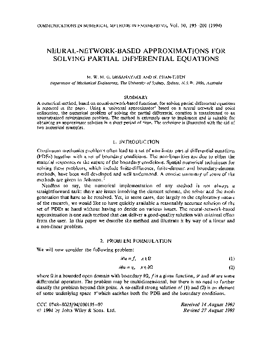 Pdf Neural Network Based Approximations For Solving Partial Differential Equations