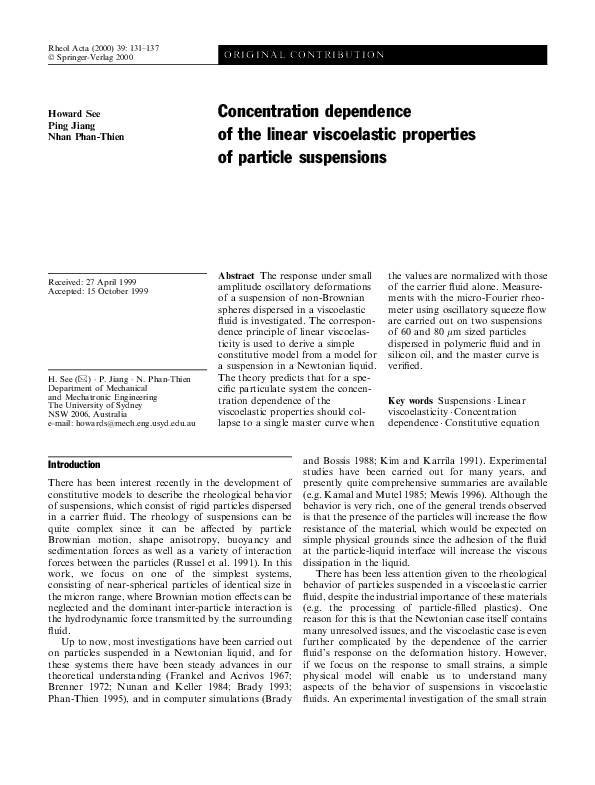 (PDF) Concentration dependence of the linear viscoelastic properties of particle suspensions