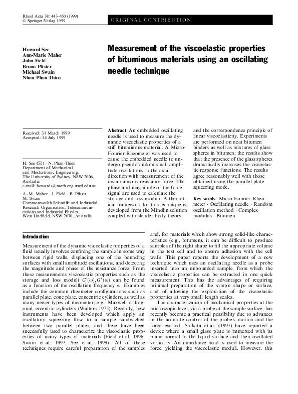 (PDF) Measurement of the viscoelastic properties of bituminous materials using an oscillating ...