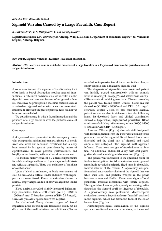 (PDF) Sigmoid volvulus caused by a large faecalith. Case report