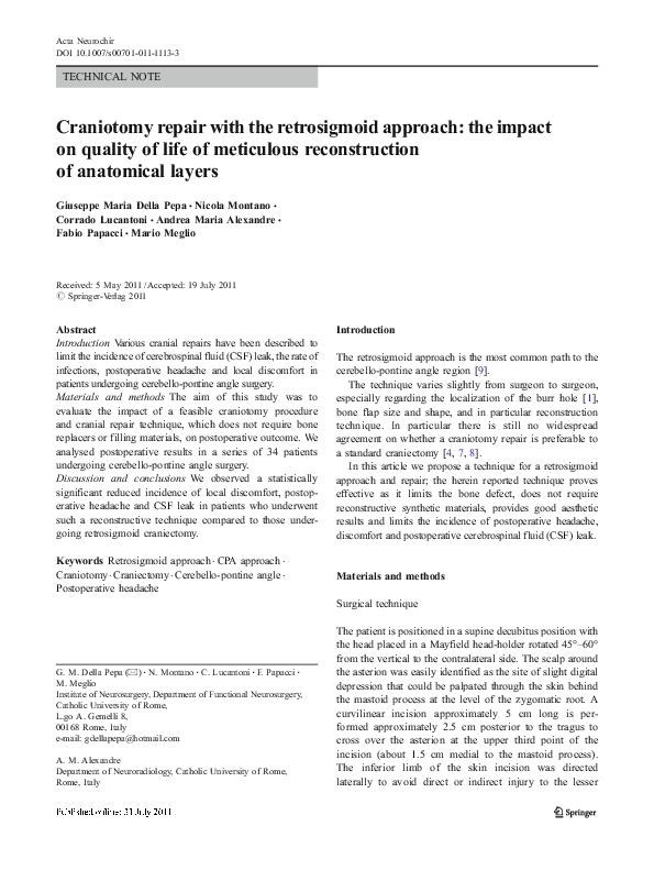(PDF) Craniotomy repair with the retrosigmoid approach: the impact on ...