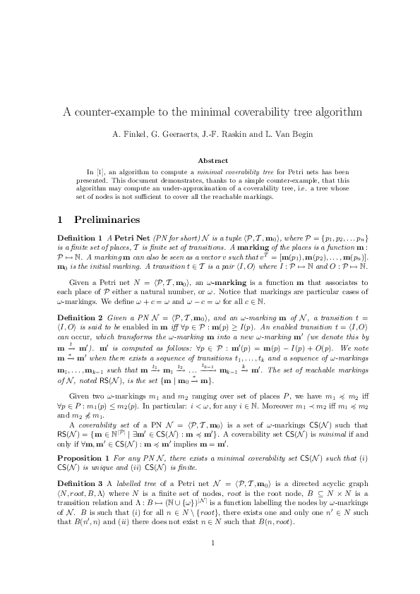 (PDF) A counter-example to the minimal coverability tree algorithm