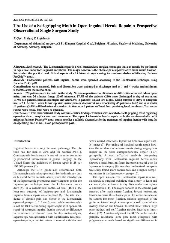 (PDF) The use of a self-gripping mesh in open inguinal hernia repair. A prospective ...