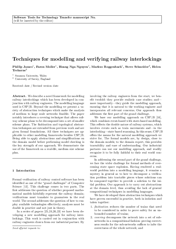 (PDF) Techniques for modelling and verifying railway interlockings