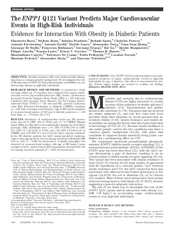 (PDF) The ENPP1 Q121 Variant Predicts Major Cardiovascular Events in ...