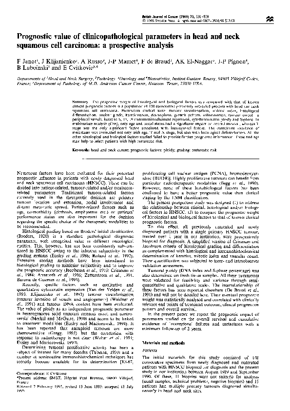 (PDF) Prognostic value of clinicopathological parameters in head and neck squamous cell ...