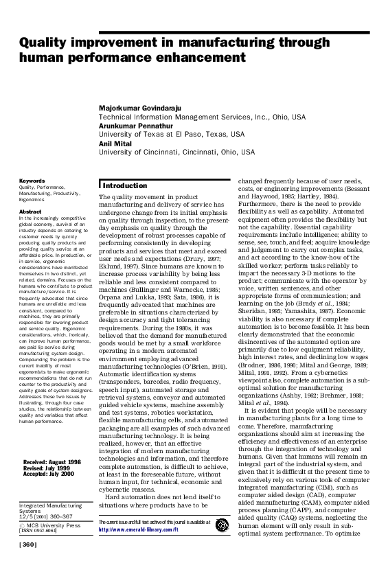 (PDF) Quality improvement in manufacturing through human performance ...