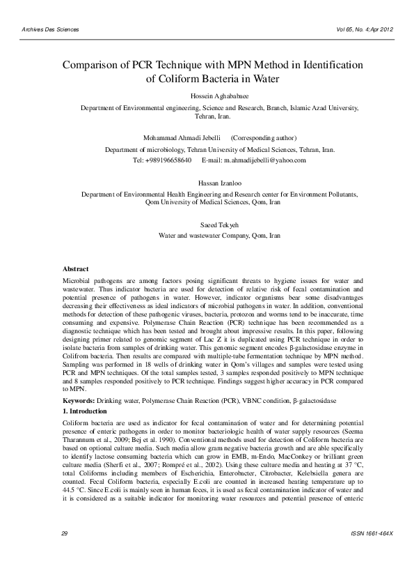 (PDF) Comparison of PCR Technique with MPN Method in Identification of ...
