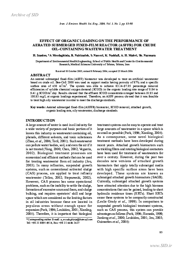 Pdf Effect Of Organic Loading On The Performance Of Aerated Submerged Fixed Film Reactor