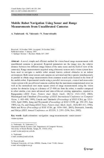 Pdf Mobile Robot Navigation Using Sonar And Range Measurements From Uncalibrated Cameras