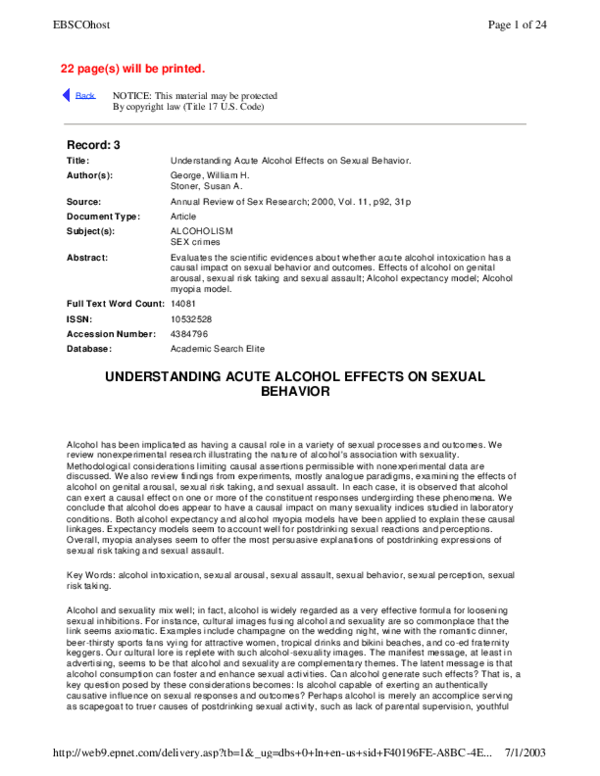 Pdf Understanding Acute Alcohol Effects On Sexual Behavior
