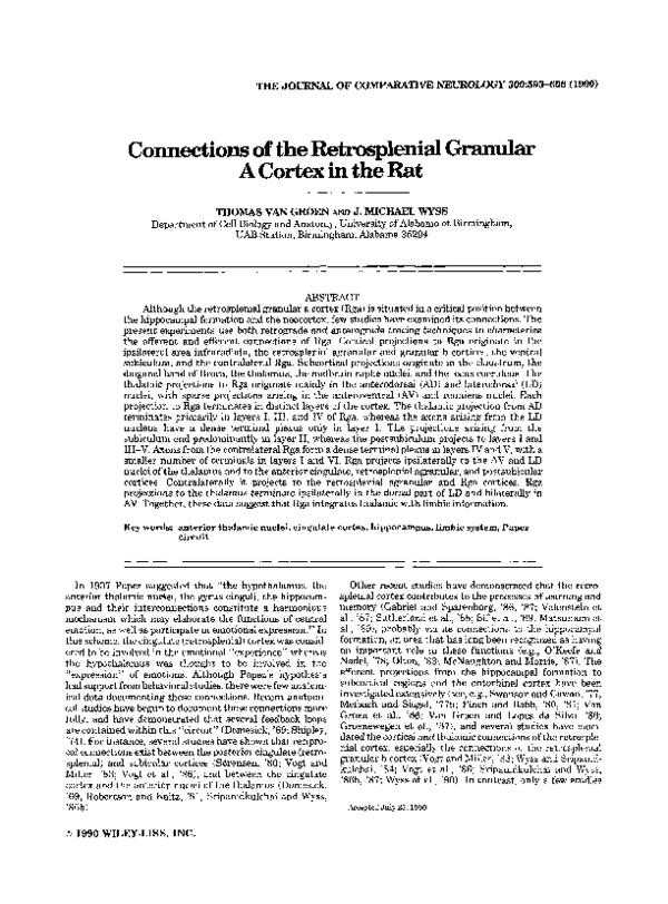 Pdf Connections Of The Retrosplenial Granular A Cortex In The Rat