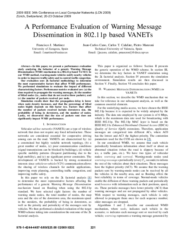 (PDF) A performance evaluation of warning message dissemination in 802.11p based VANETs | Pietro ...