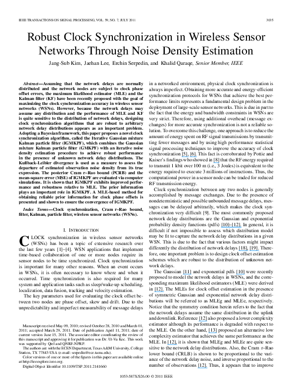 (PDF) Robust clock synchronization in wireless sensor networks through noise density estimation