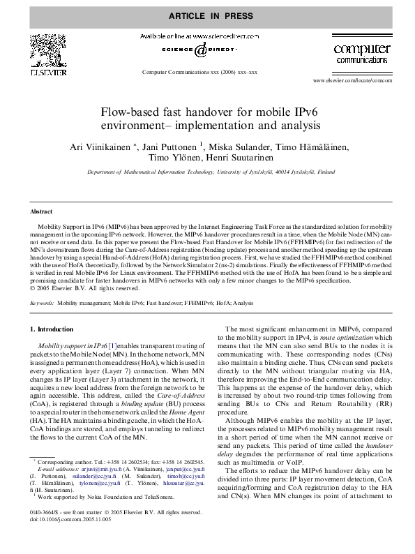 (PDF) Flow-based fast handover for mobile IPv6 environment – implementation and analysis