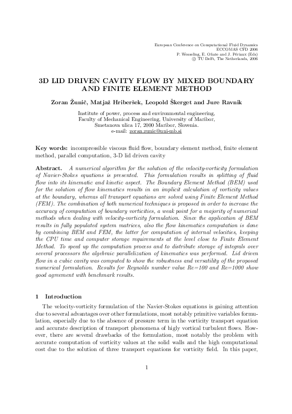 (PDF) 3D lid driven cavity flow by mixed boundary and finite element method