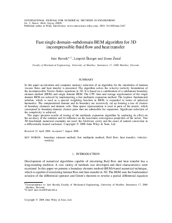 Pdf Fast Single Domain Subdomain Bem Algorithm For 3d Incompressible Fluid Flow And Heat Transfer