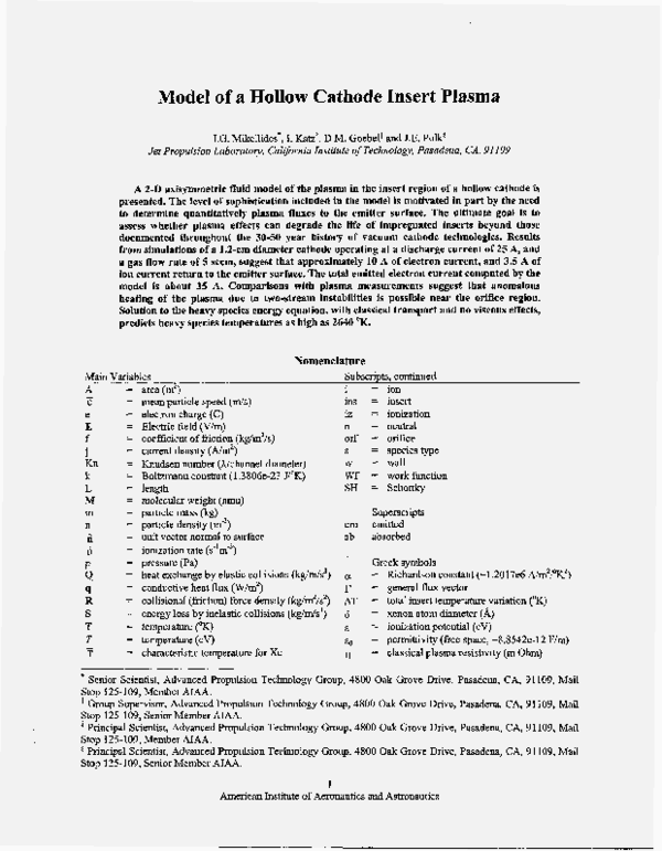 (PDF) Theoretical Model of a Hollow Cathode Insert Plasma