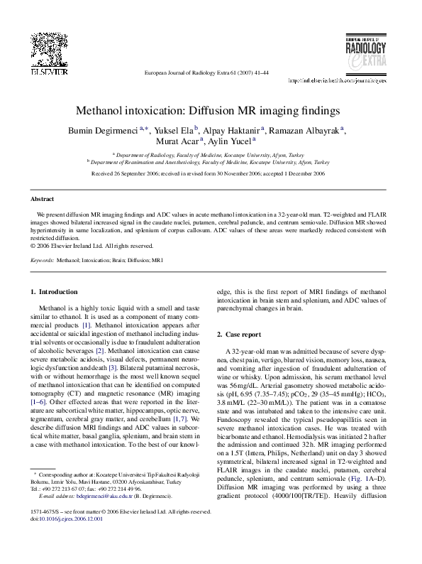 Methanol intoxication: Diffusion MR imaging findings