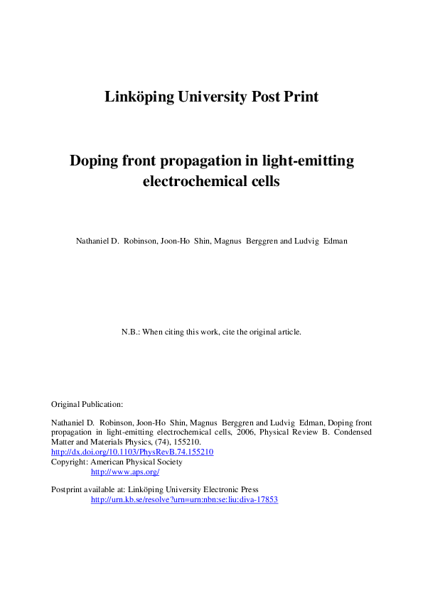 Pdf Doping Front Propagation In Light Emitting Electrochemical Cells