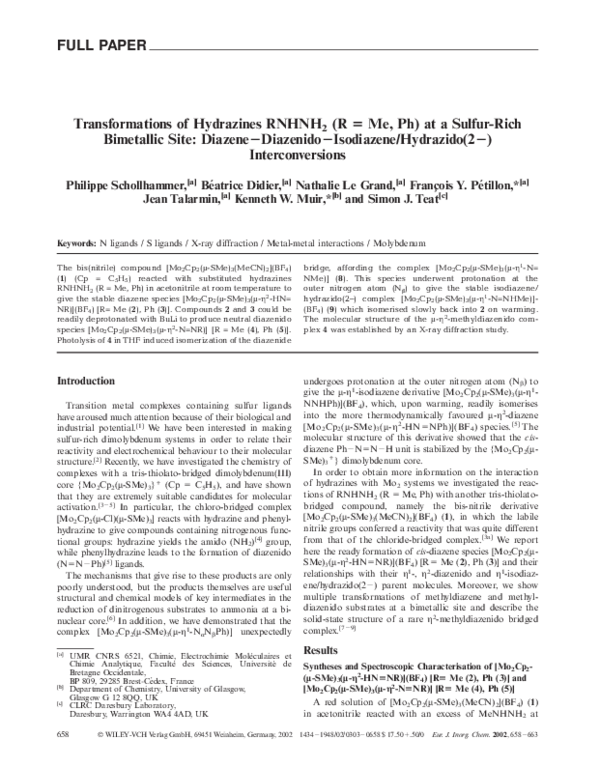 (PDF) Transformations of Hydrazines RNHNH2 (R = Me, Ph) at a Sulfur ...