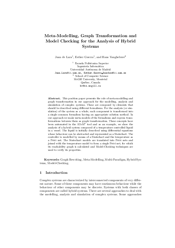 (PDF) Meta-Modelling, Graph Transformation and Model Checking for the Analysis of Hybrid Systems