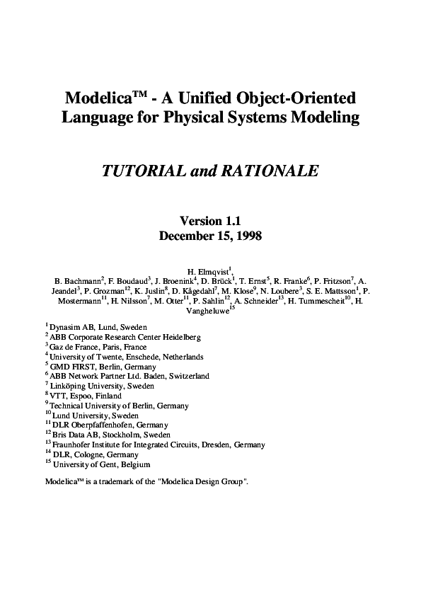 (PDF) ModelicaTM - A Unified Object-Oriented Language for Physical Systems Modeling